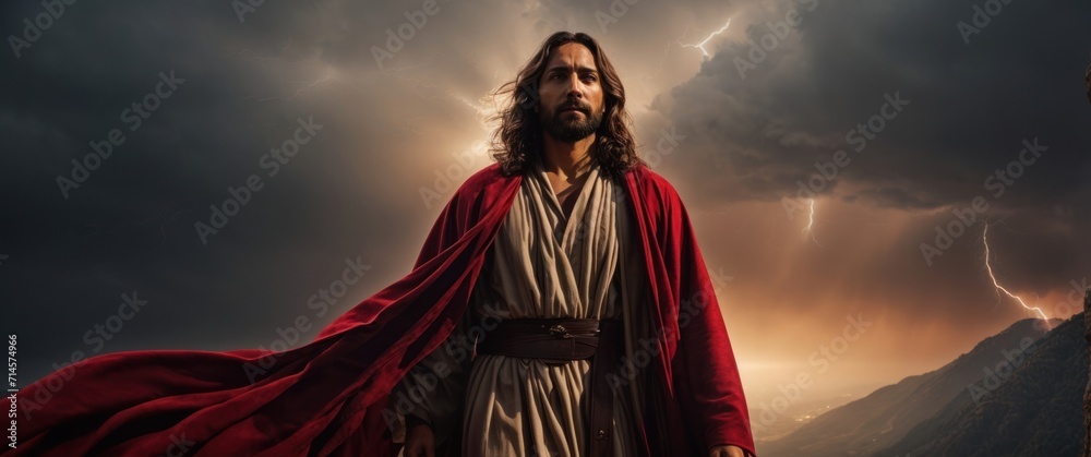 Jesus, draped in a black and red medieval cloak, stands on the cross in ...