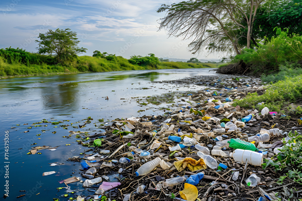 water pollution with a polluted riverbank littered with plastic waste ...