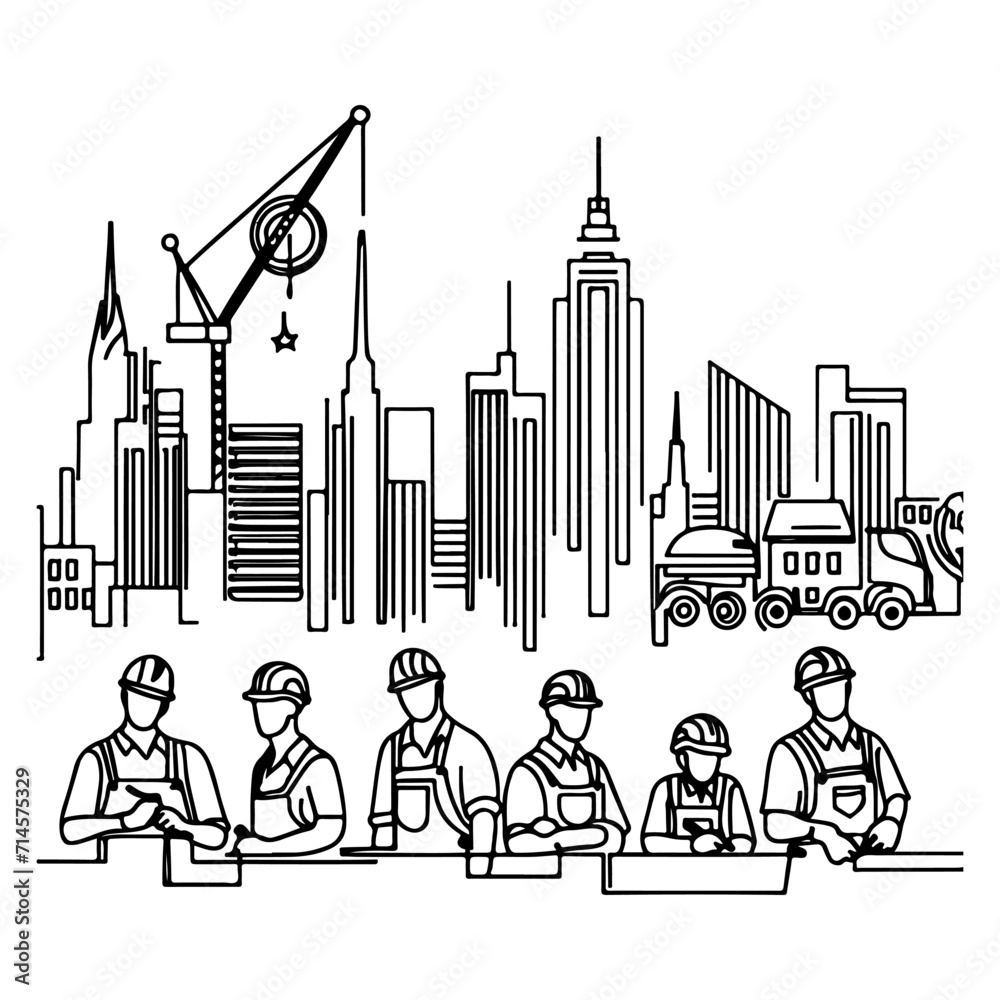 Happy Labour Day worker man wearing hard hat ontinuous one line draw ...