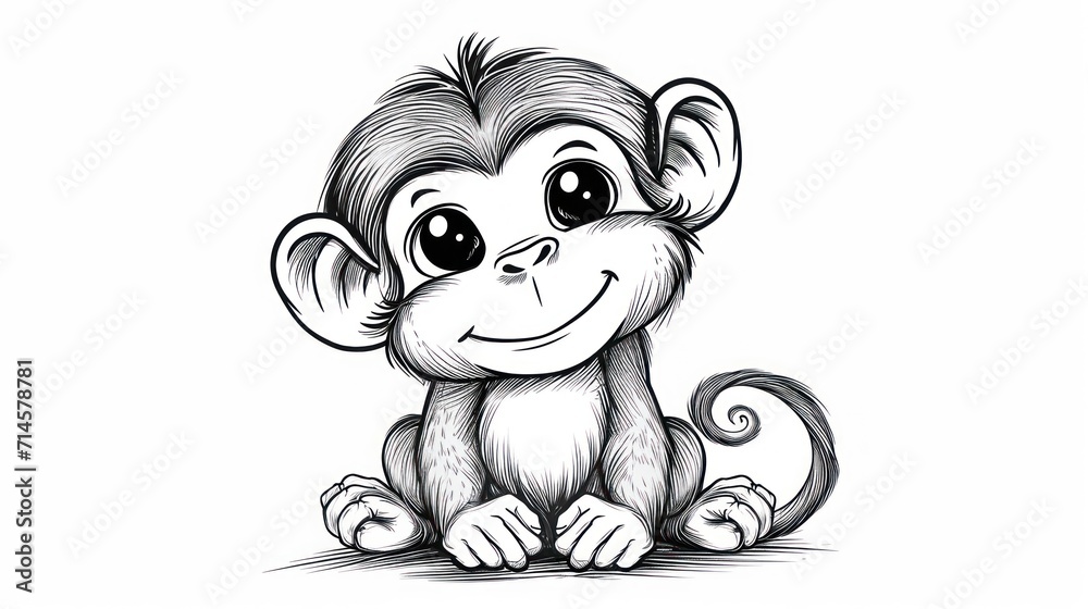 a black and white drawing of a monkey with big eyes and a smile on it's ...
