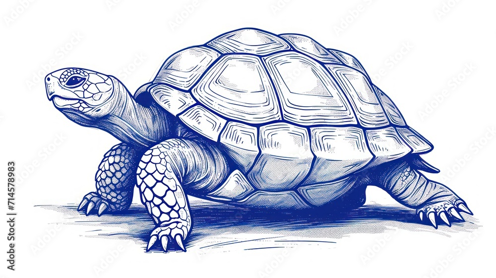 a drawing of a tortoise on a white background with a blue line drawing ...