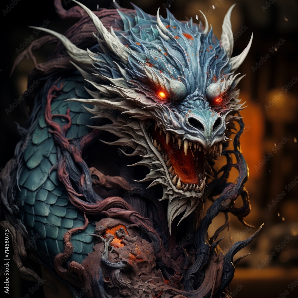 Angry dragon statue closeup. Angry reptile figurine with a growl, and ...