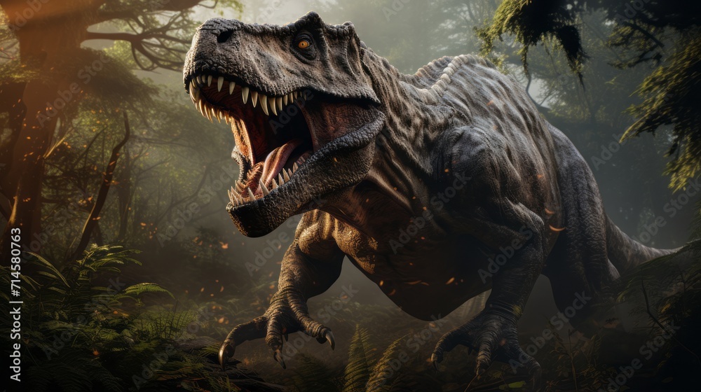 Tyrannosaurus rex roaring in the woods. Hunting angry T-Rex with a growl. Concept art of a mad ...