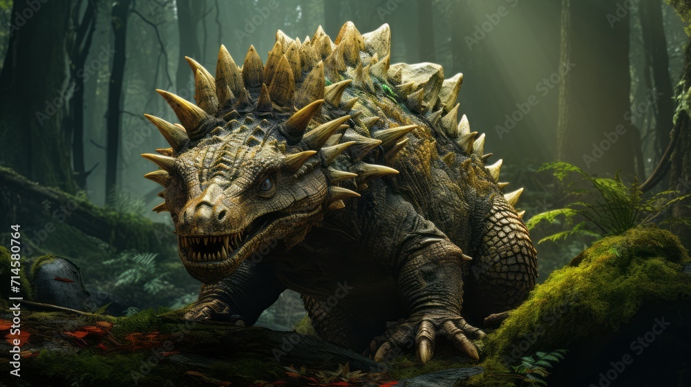 Prehistoric Dinosaur with horns and scales walking through the fauna ...