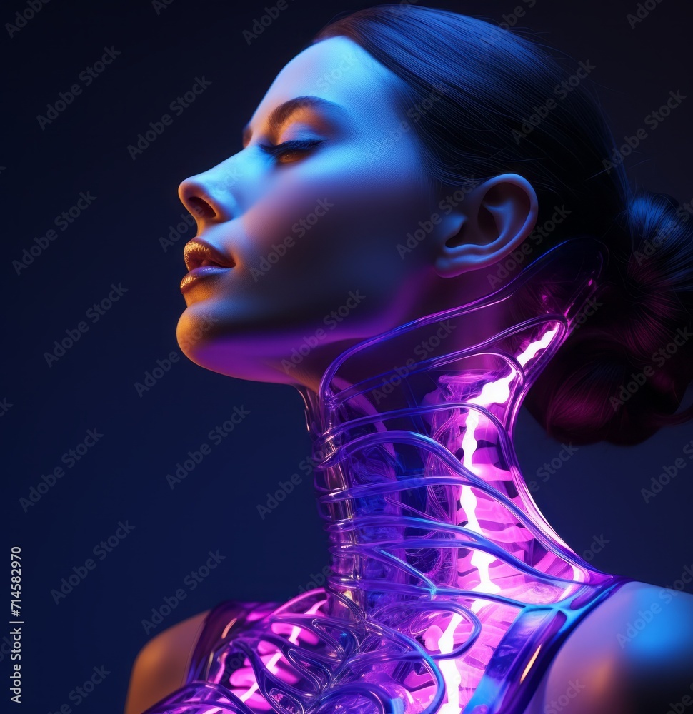 Anatomy of a human neck with glowing arteries. Woman neck with a ...