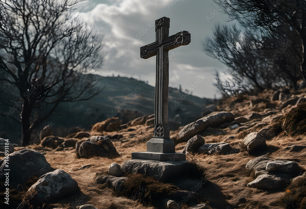 Christian stone cross on the stone. Holy cross symbolizing the death ...