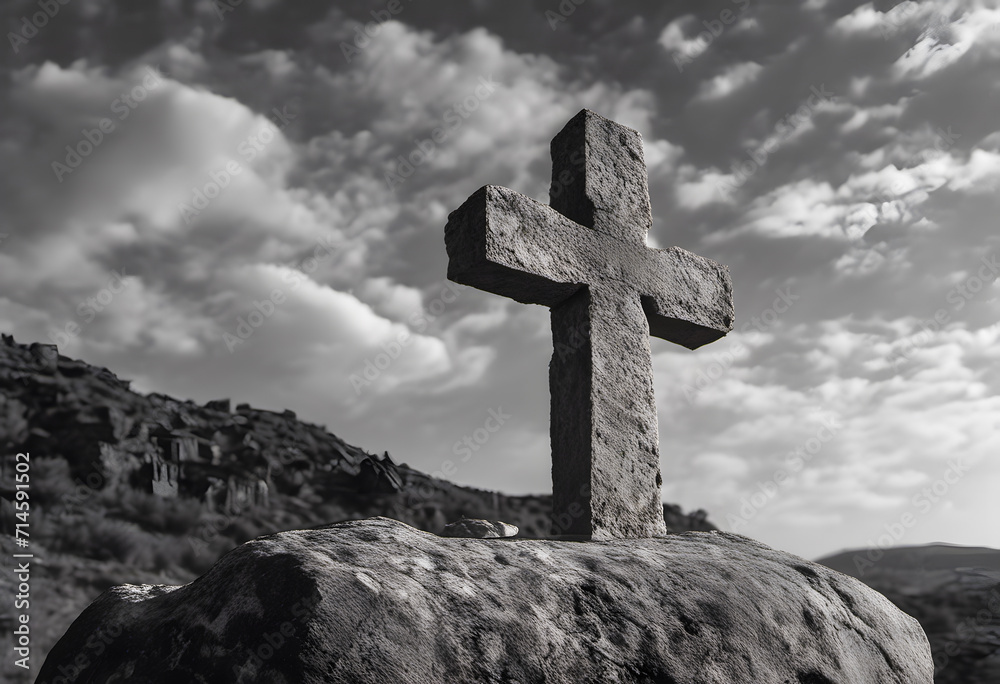 Christian stone cross on the stone. Holy cross symbolizing the death ...