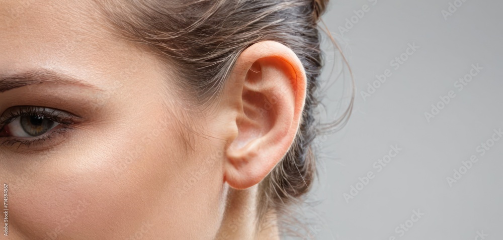 a close up of a woman's face with a pair of earrings on her ear and a ...