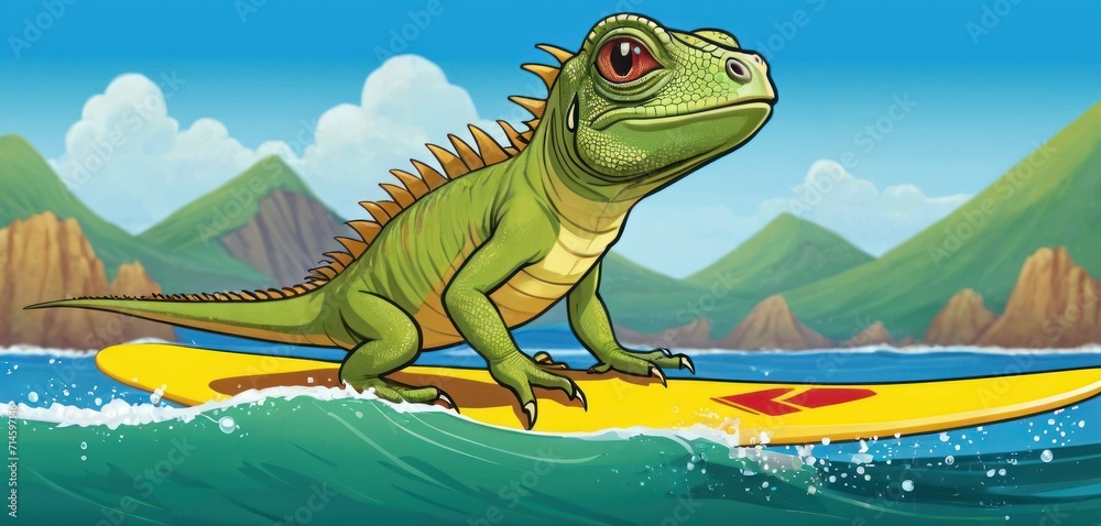 a lizard is riding on a surfboard in the middle of a body of water with ...