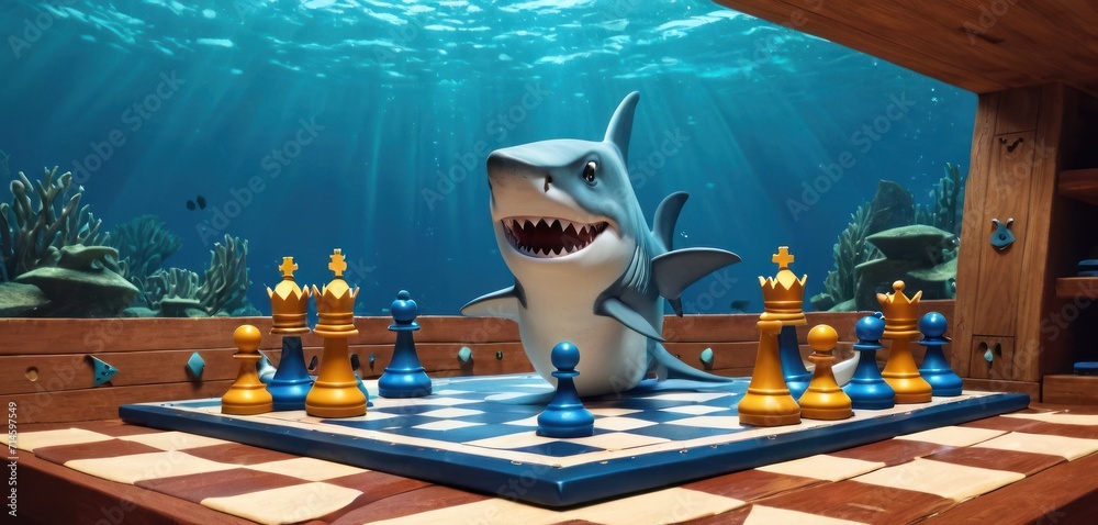 a cartoon shark is playing chess in front of a giant screen of a shark ...