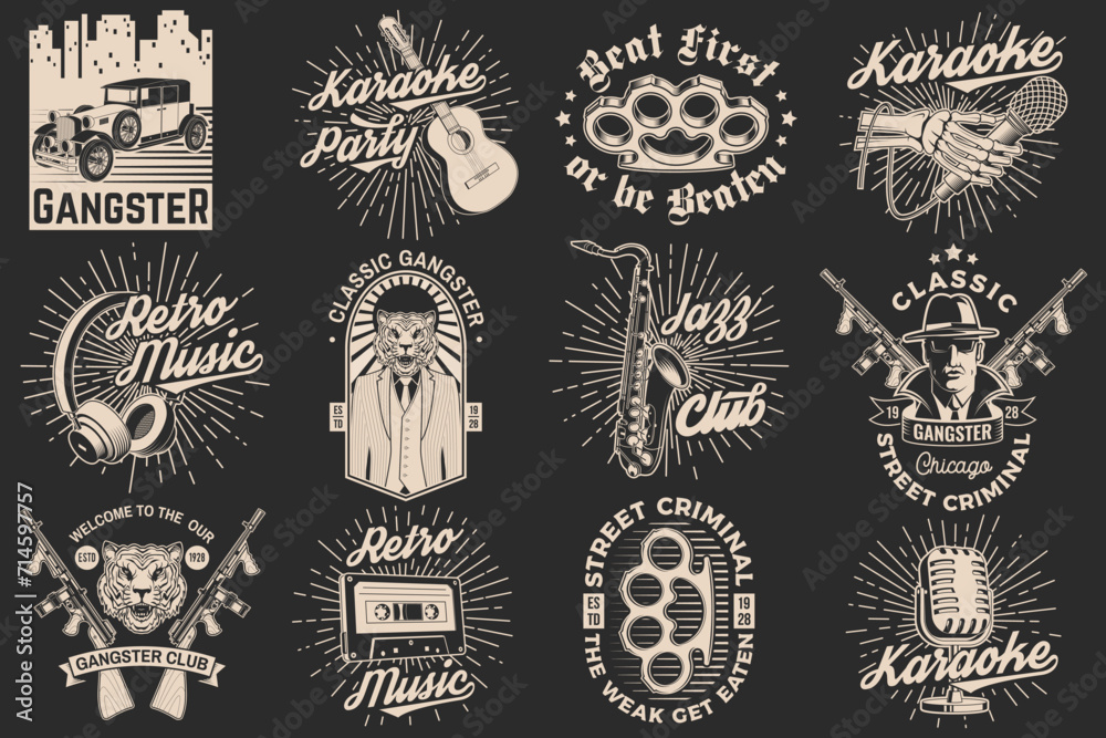 Set of gangster and retro music poster, banner. Vintage design for t ...
