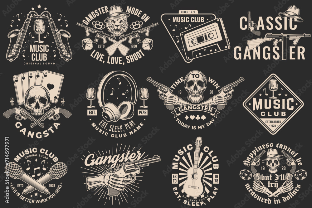 Set of gangster and retro music poster, banner. Vintage design for t ...