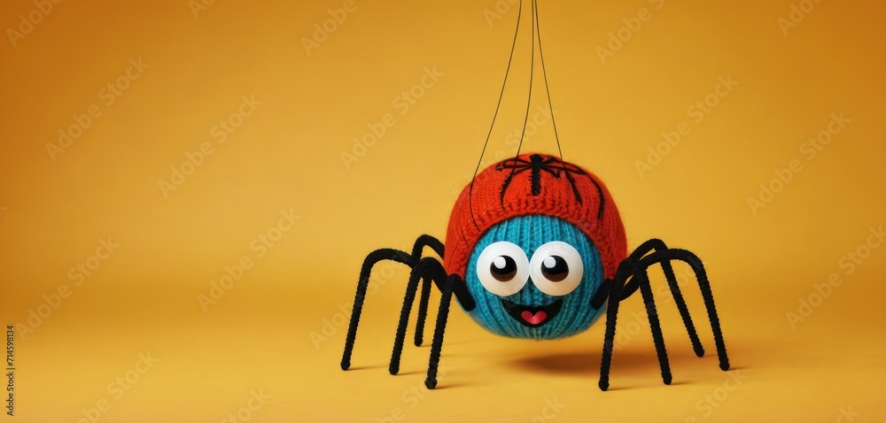 a blue and red knitted spider hanging on a string with its eyes wide ...