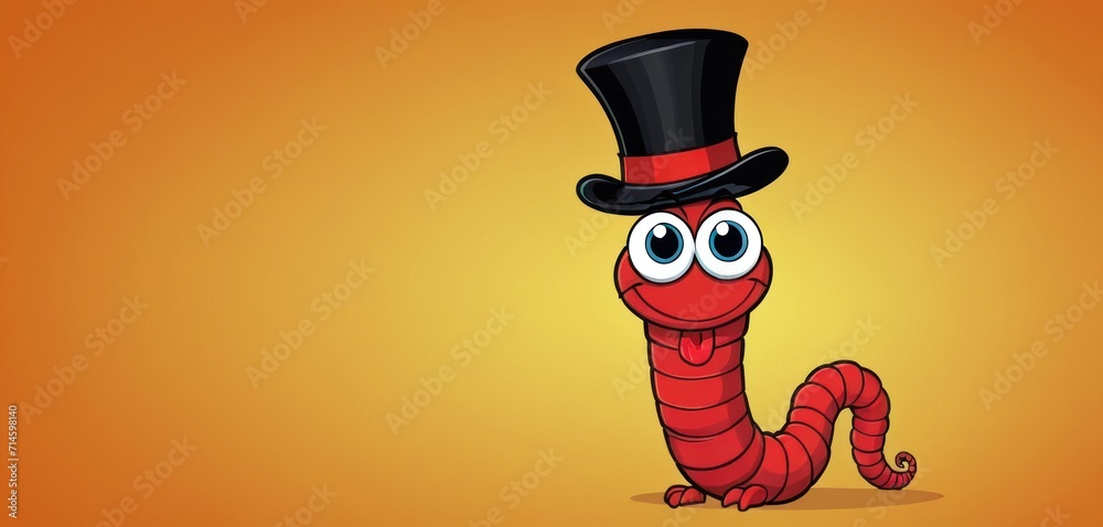 a red worm wearing a top hat and a black top hat on it's head, with one ...