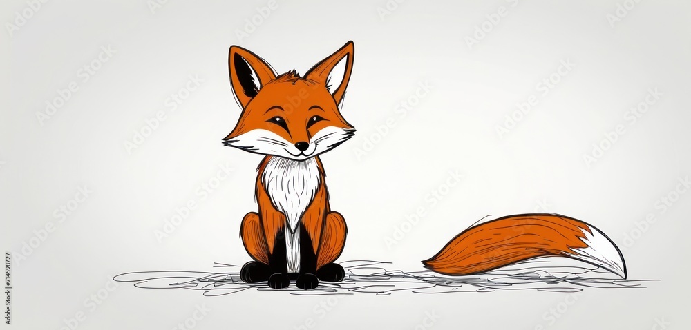 a drawing of a red fox sitting on top of a pile of grass and looking at ...