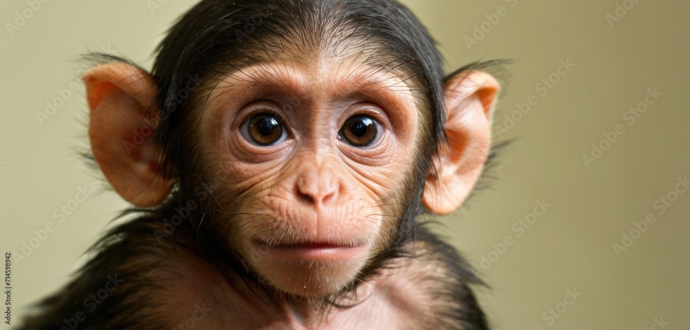a close up of a monkey's face with a serious look on it's face, with ...