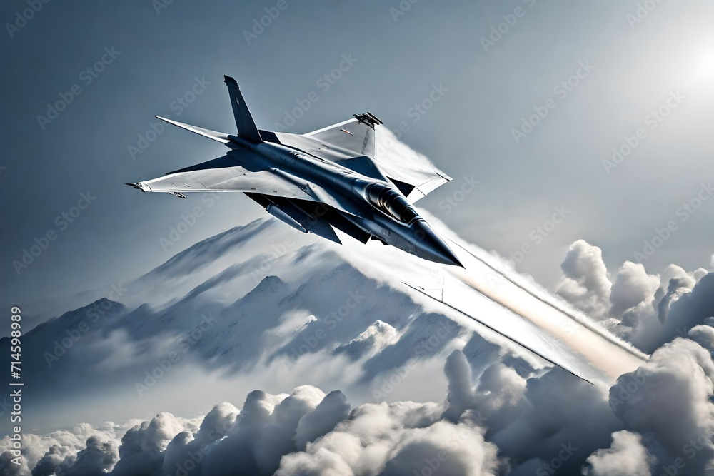 A fighter jet soaring at supersonic speeds, breaking the sound barrier ...