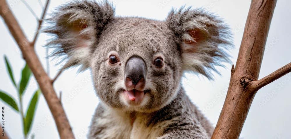 a close up of a koala on a tree branch with its tongue hanging out and ...
