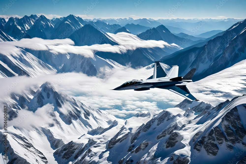 An aerial view of a fighter jet conducting a high-speed flyby over a ...