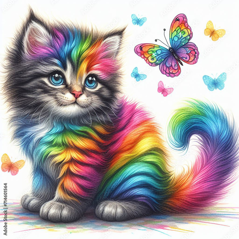 The image shows a rainbow colored kitten The kitten has big, bright ...