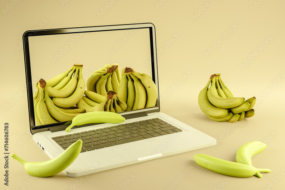 3d rendering of open laptop with bananas placed on screen and surface ...