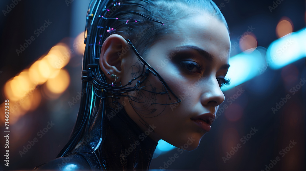 A Cyberpunk girl with wires in her face looks into the distance. She ...