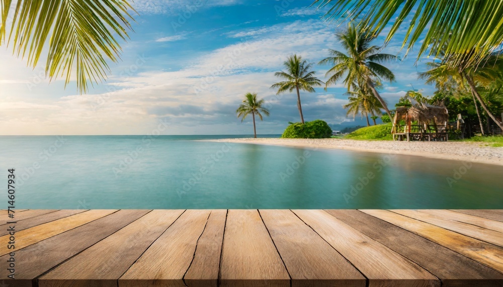 top of wood table with seascape palm tree calm sea and sky at tropical ...