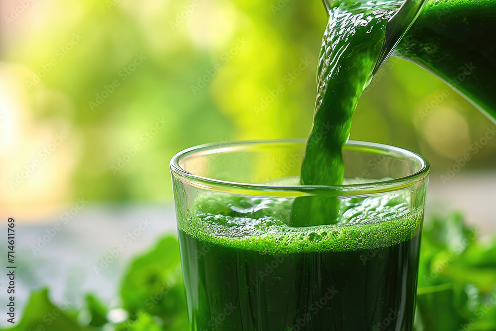 Pouring green juice into a glass.Diet. Healthy Eating Pouring Fresh Raw ...