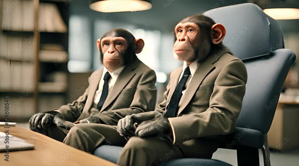 Generated video with AI. Animation of monkeys in suits sitting at desk ...
