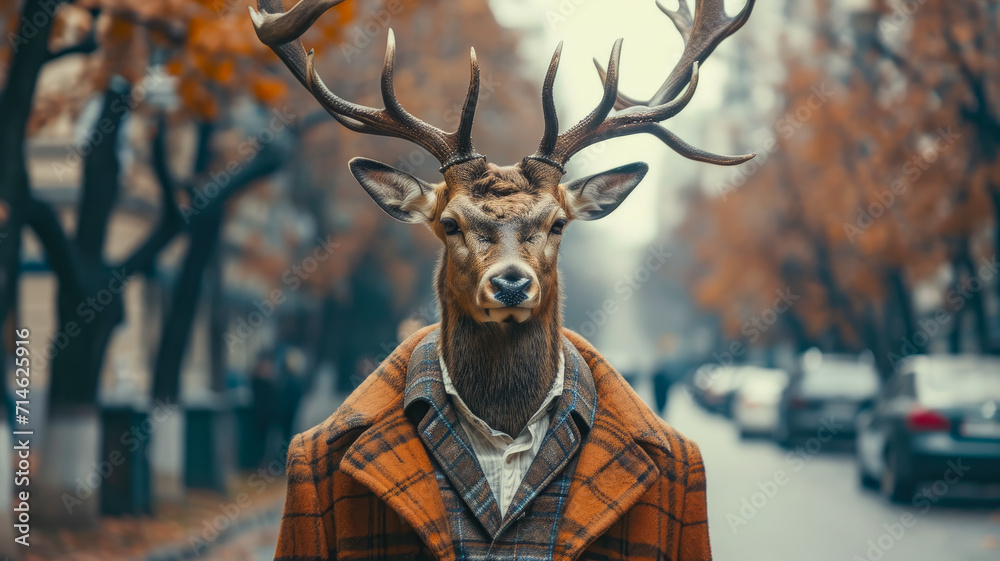 Graceful deer roams city streets in refined attire, embodying street ...
