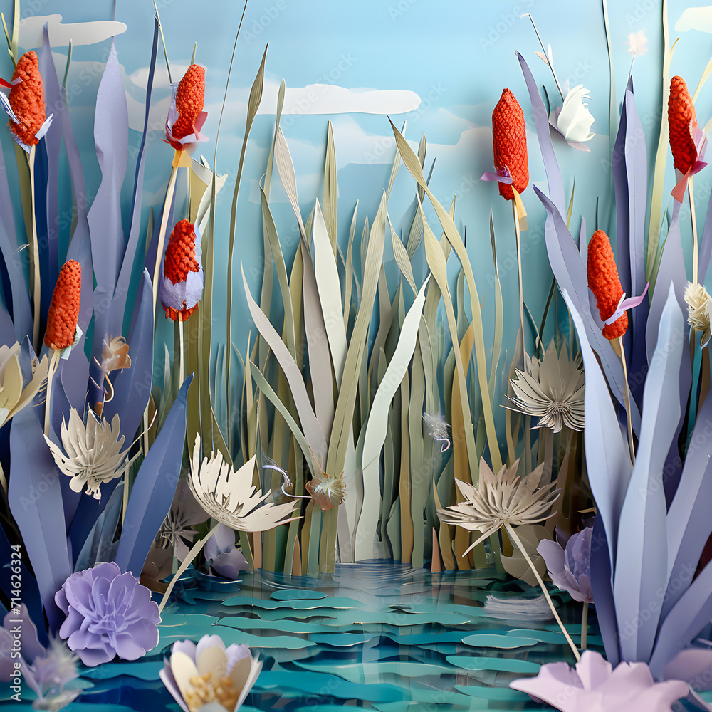 Detailed Paper Cut Diorama of Serene Wetland Scene with Vibrant Colors ...