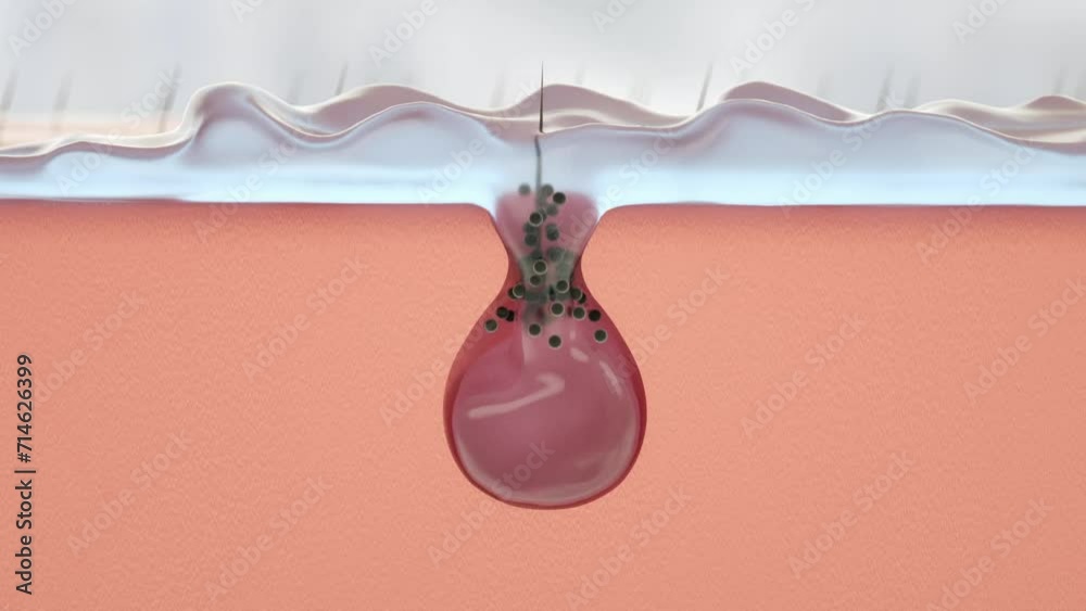 3d animation Cleaning pore, Water and bubble cleaning oil on skin and ...