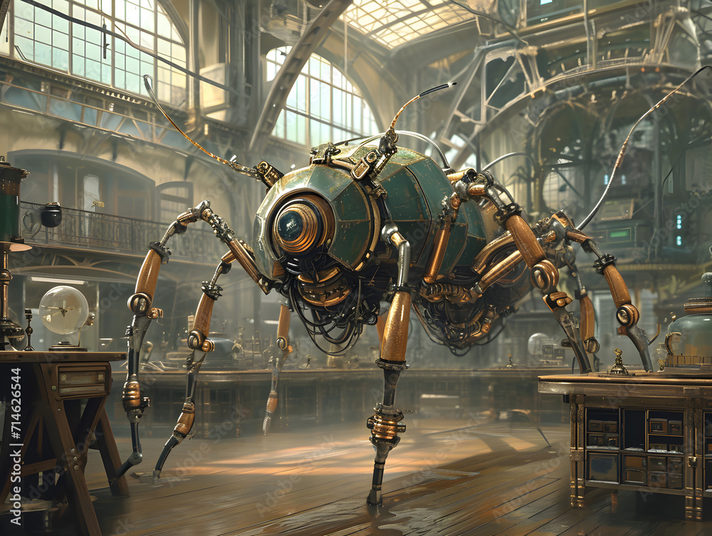 Vintage Steampunk Mechanical Insect Art in Workshop, Brass Construct ...
