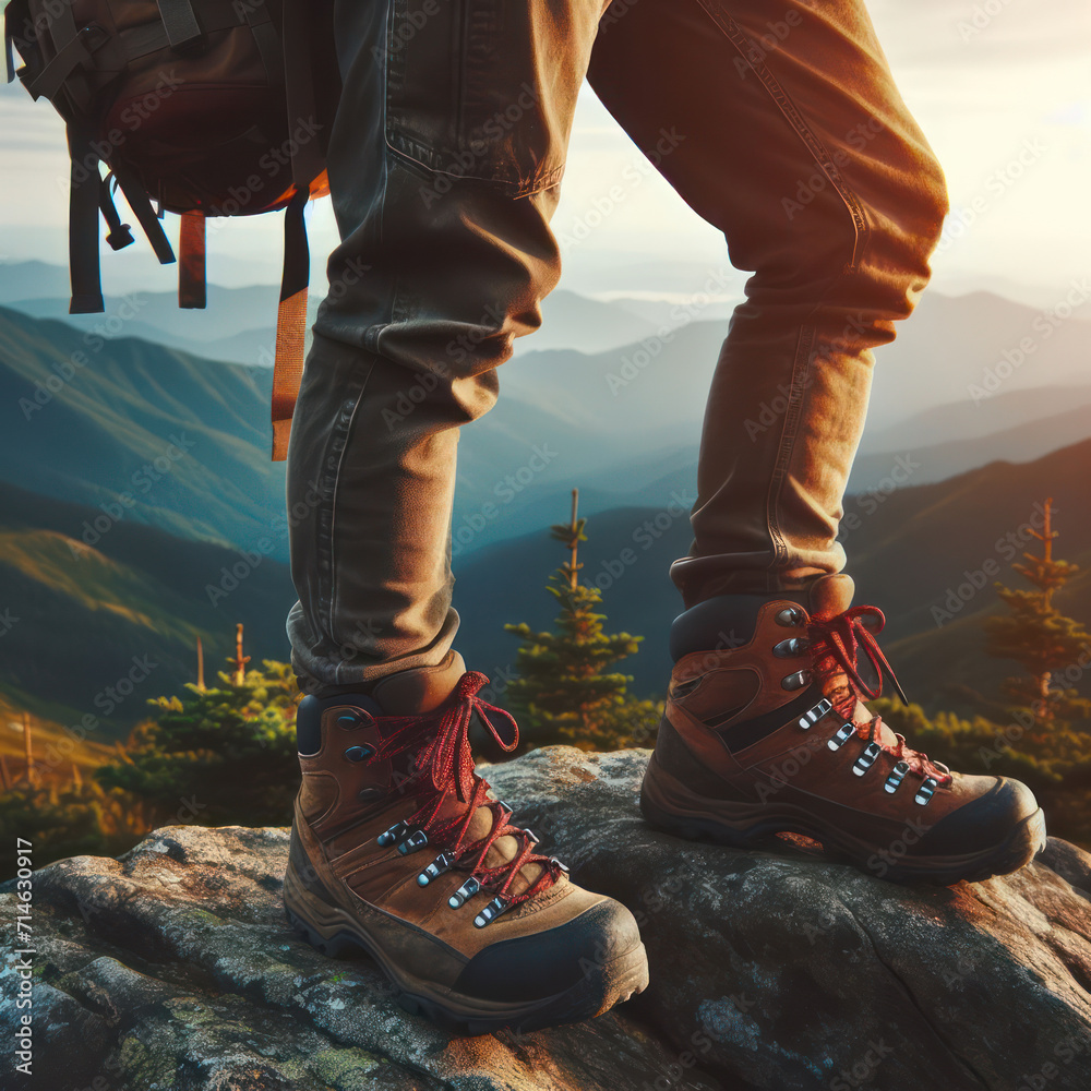 Legs of a backpacker in hiking boots standing on the top of the ...