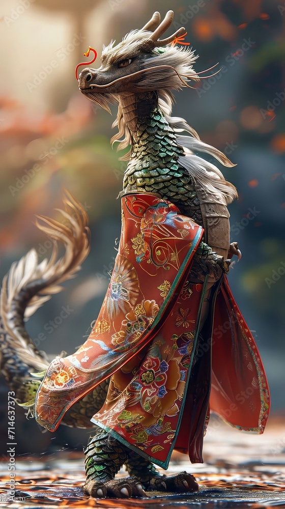 A realistic image of a dragon walking on its hind legs, wearing ...