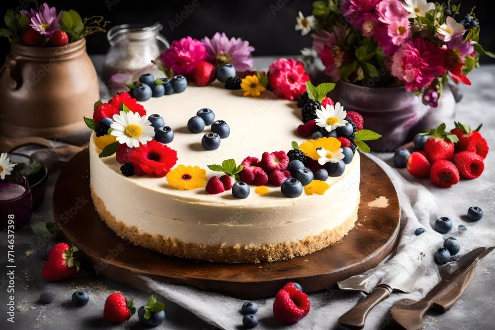 Vanilla mousse cake with fresh berries and eadible flowers Stock Photo ...