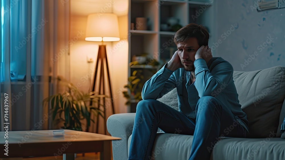 Sad man suffering depression insomnia awake and sit alone in the living ...