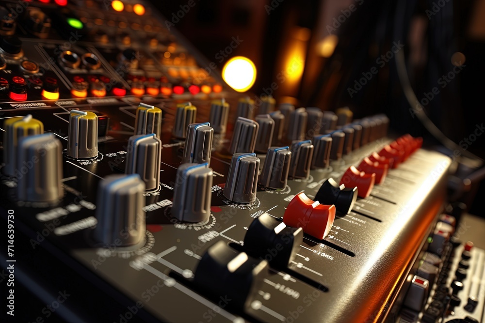 Detailed view of an audio mixer console with illuminated knobs and ...