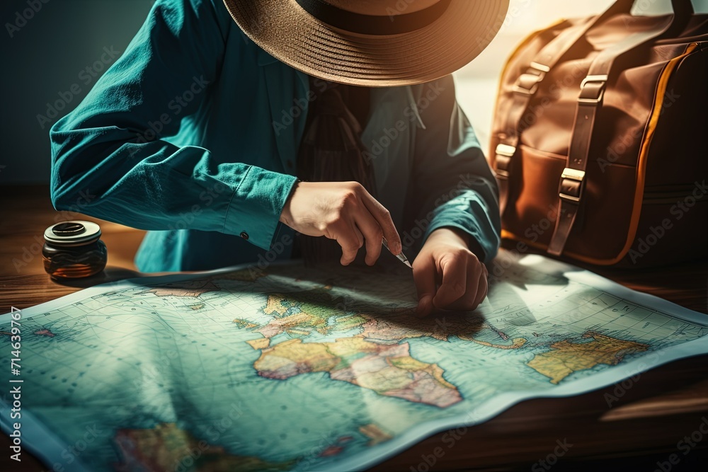 An intrepid traveler in a straw hat is meticulously planning a route ...