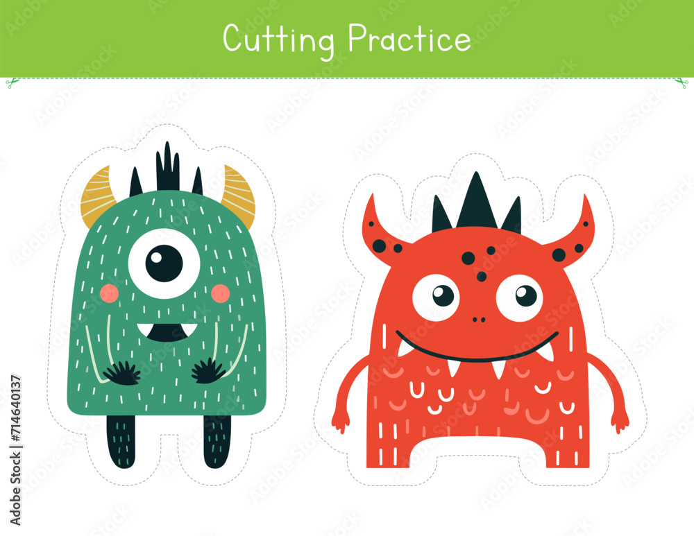 Vetor de Cutting practice with cute and funny monsters. Fine motor ...
