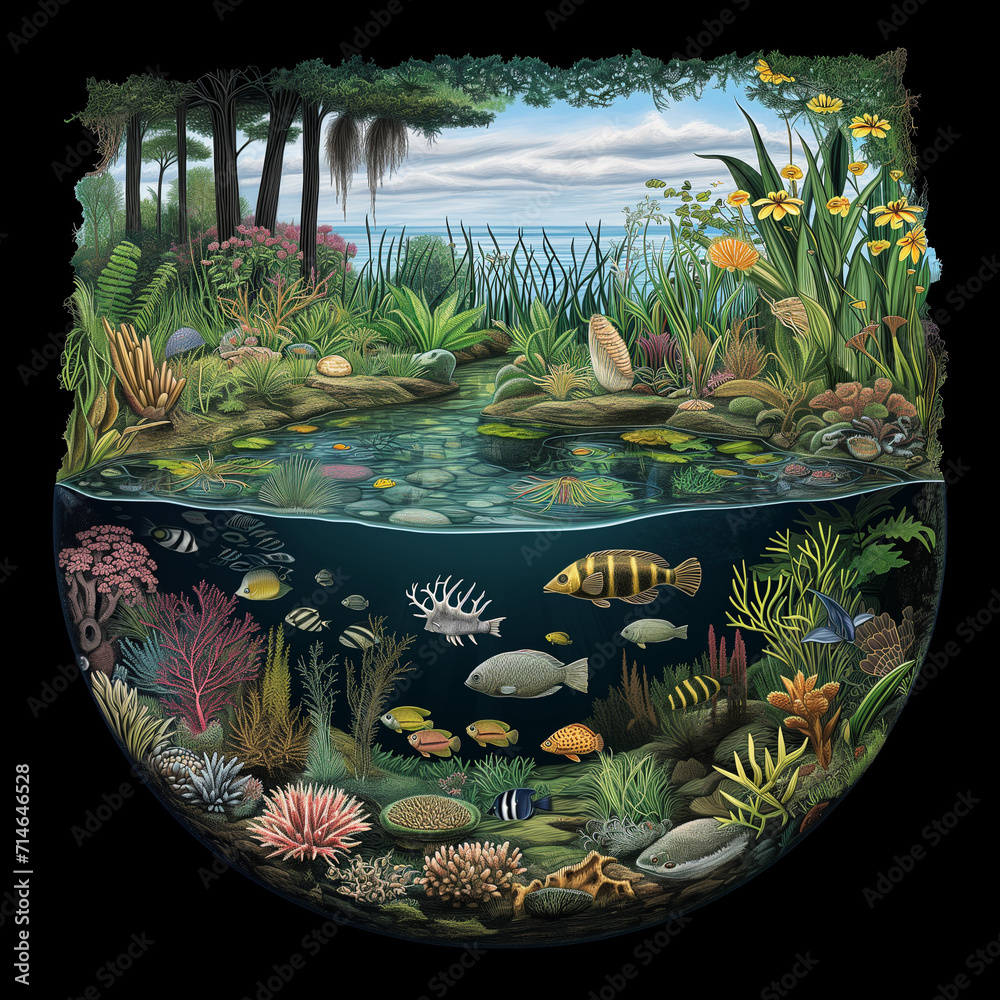 Vivid artwork showcasing diverse aquatic ecosystems, raising awareness ...