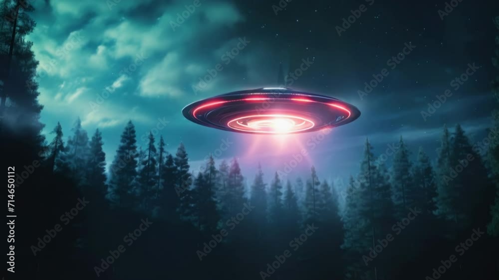 Alien ufo spaceship fly above forest. Futuristic mystery saucer ...