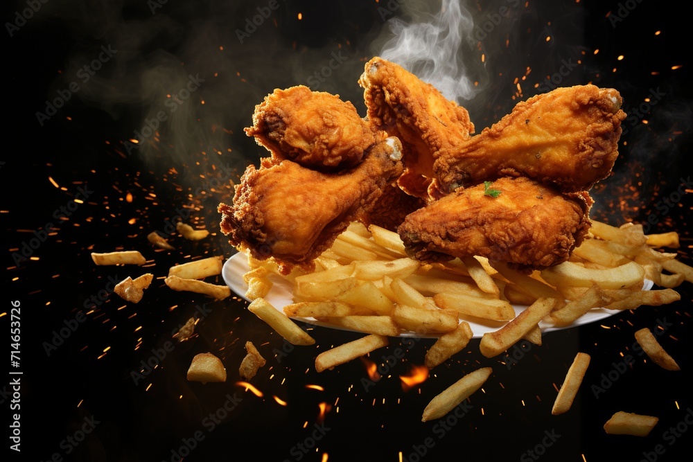 Sizzling hot fried chicken drumsticks and French fries fly off a plate ...