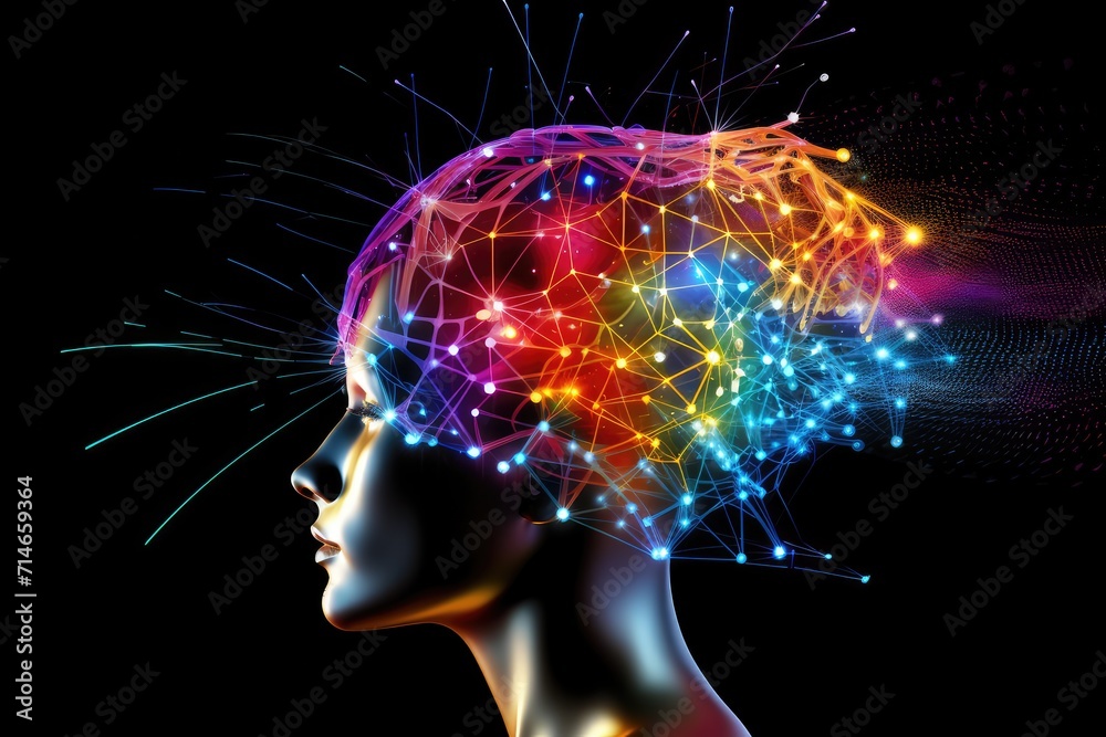 Colored head in the dark, medical illustration, brain photography of ...