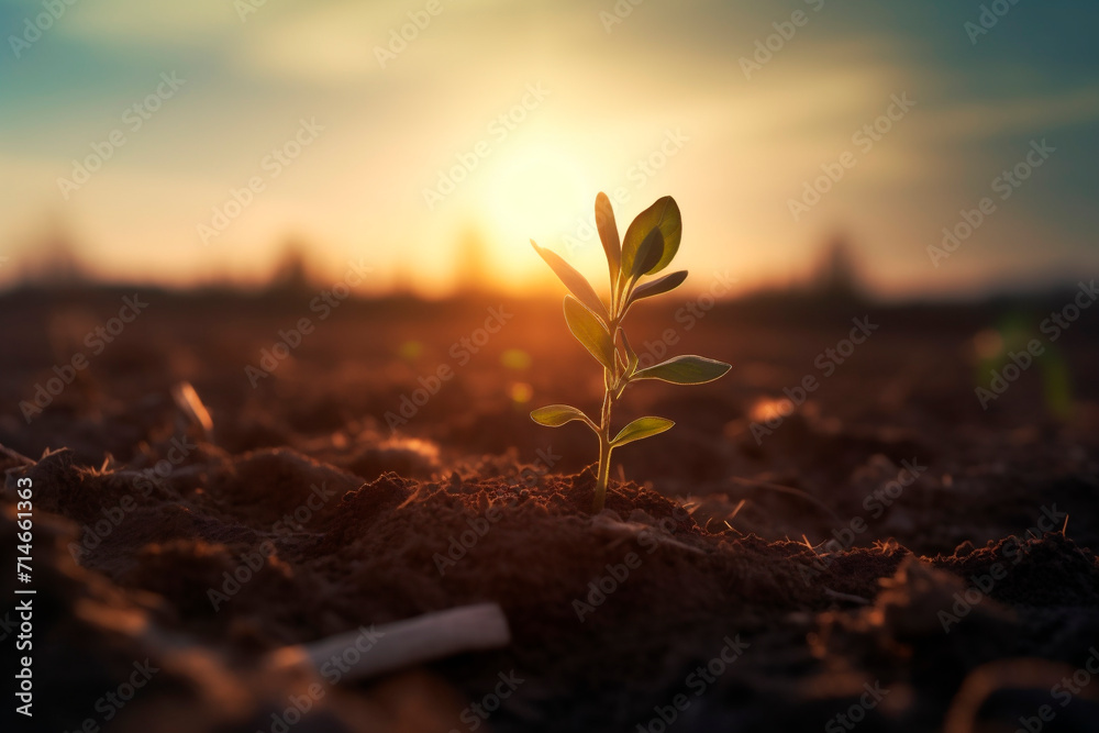 Small green sprout growing from the ground at sunset. Generative AI ...