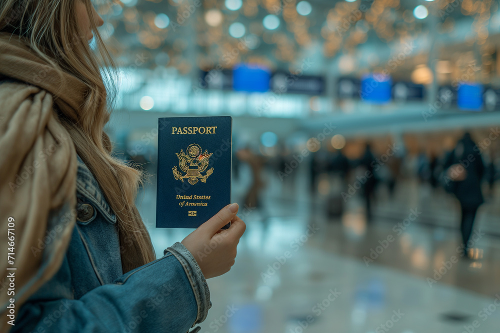 Woman’s hands holding passports & boarding passes of her family while ...