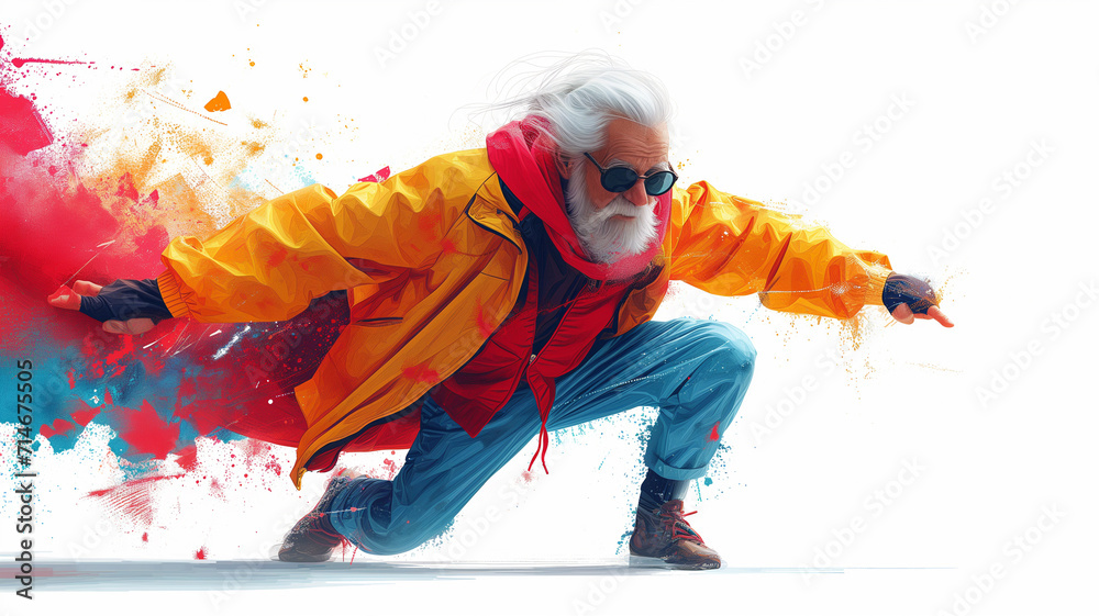Portrait of an old man dancing hip-hop against a white background ...