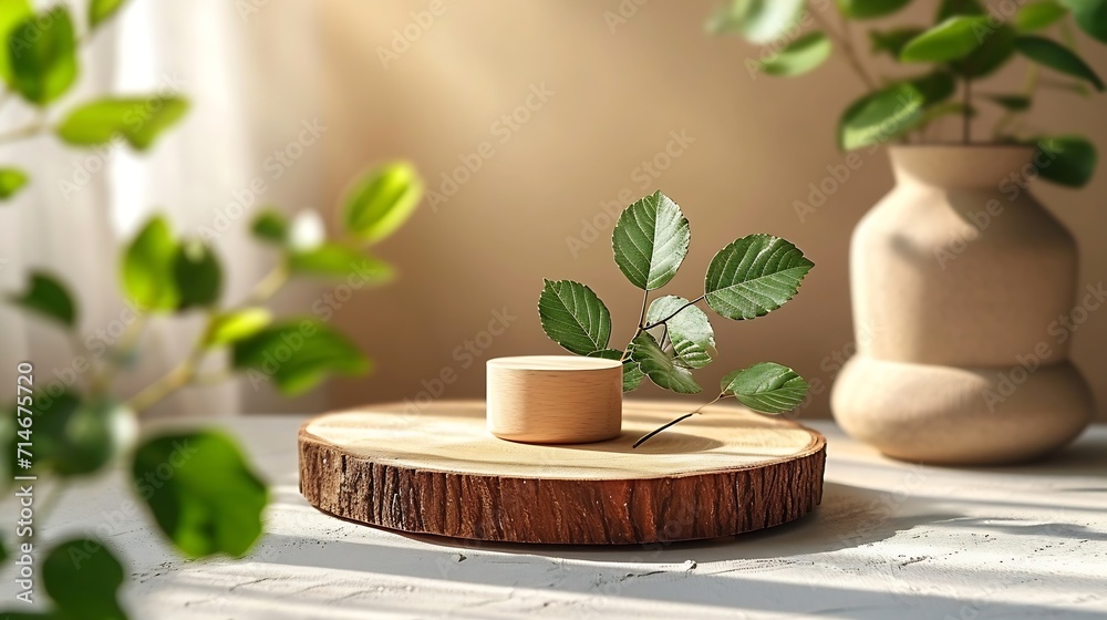 Minimal modern product display on neutral beige background. Wood slice ...