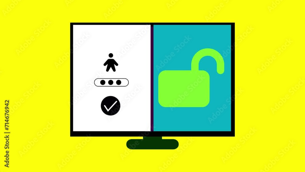 Computer monitor displaying icons for user login and an unlocked padlock symbolizing access and ...