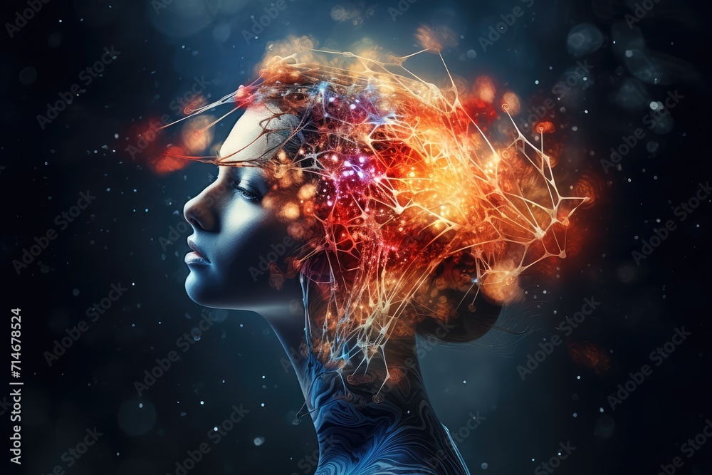 Human brain light bulb energy with fire, long-term memory, information ...